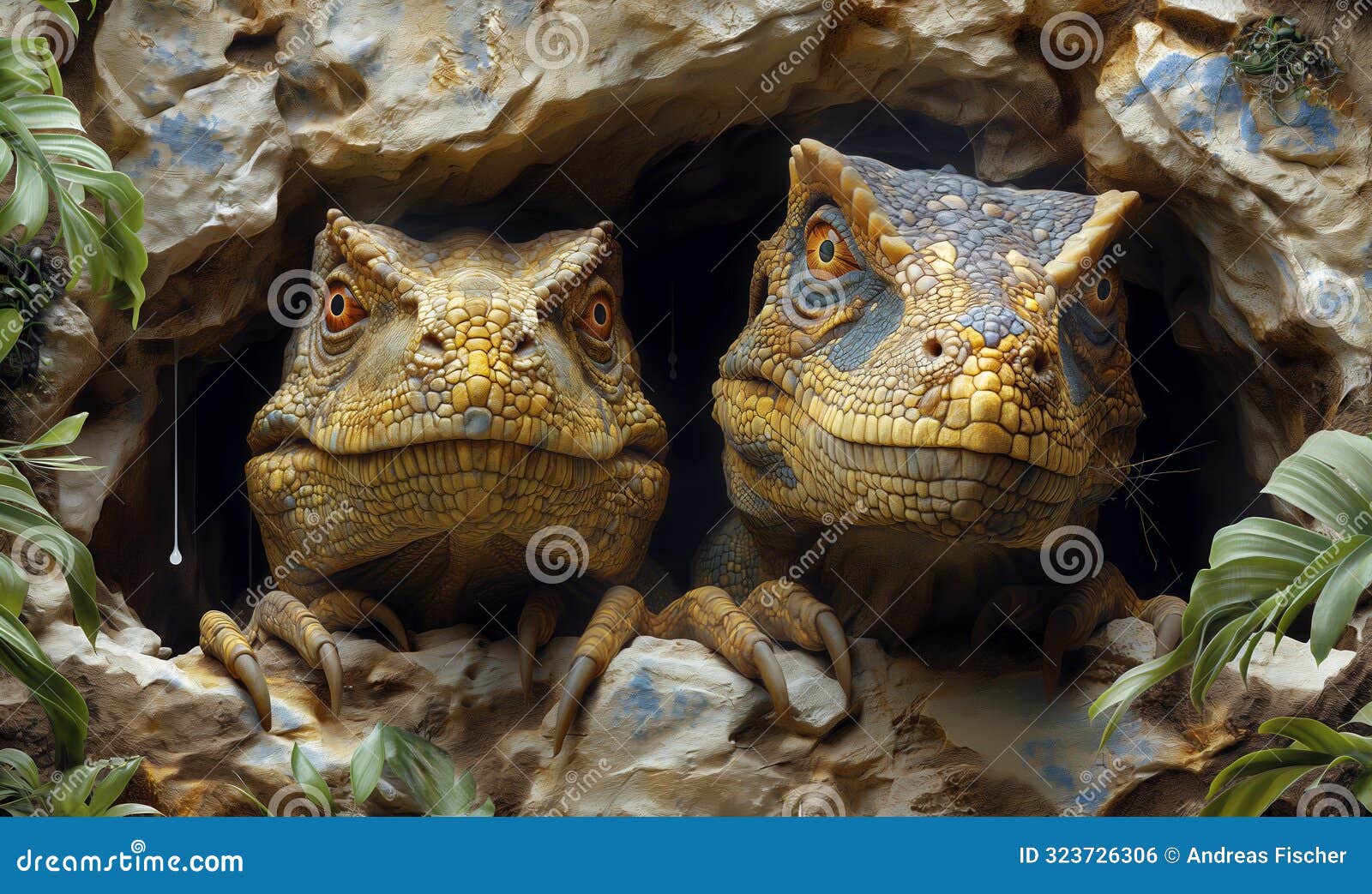 Two Dinosaurs Peering from Ground Hole Stock Photo - Image of exploring ...