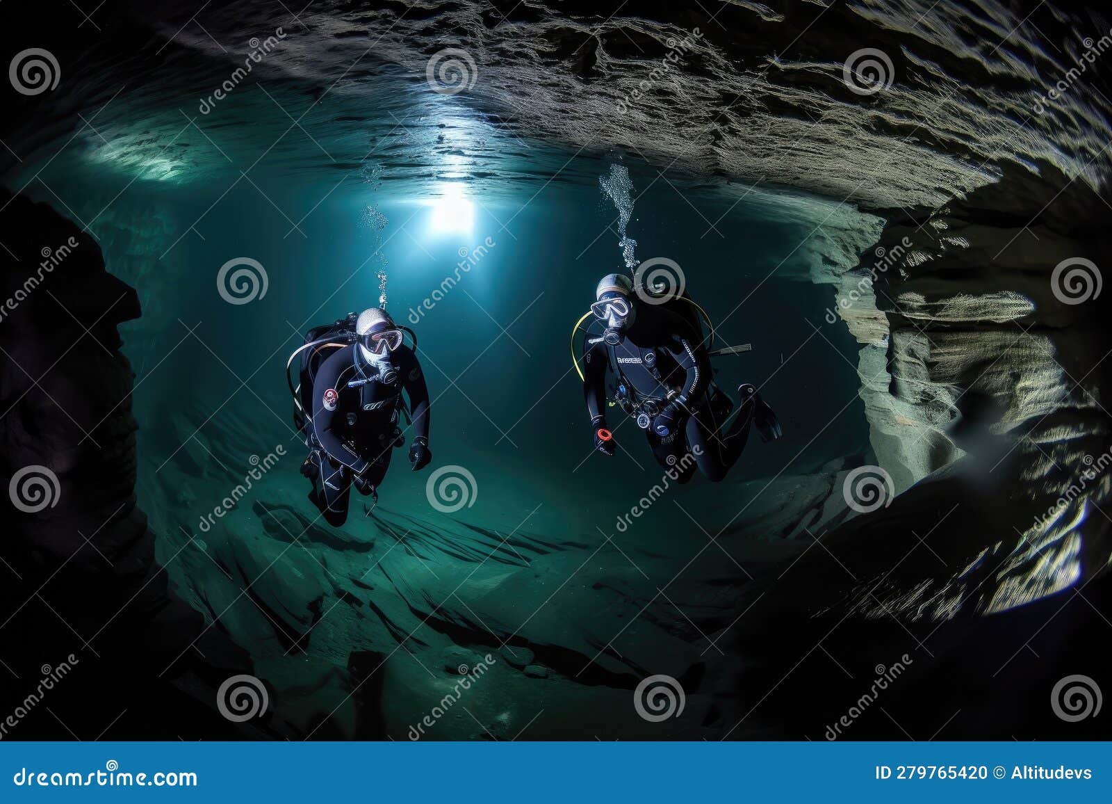 Pair of Divers Exploring Underwater Cave System, with Fish Swimming ...