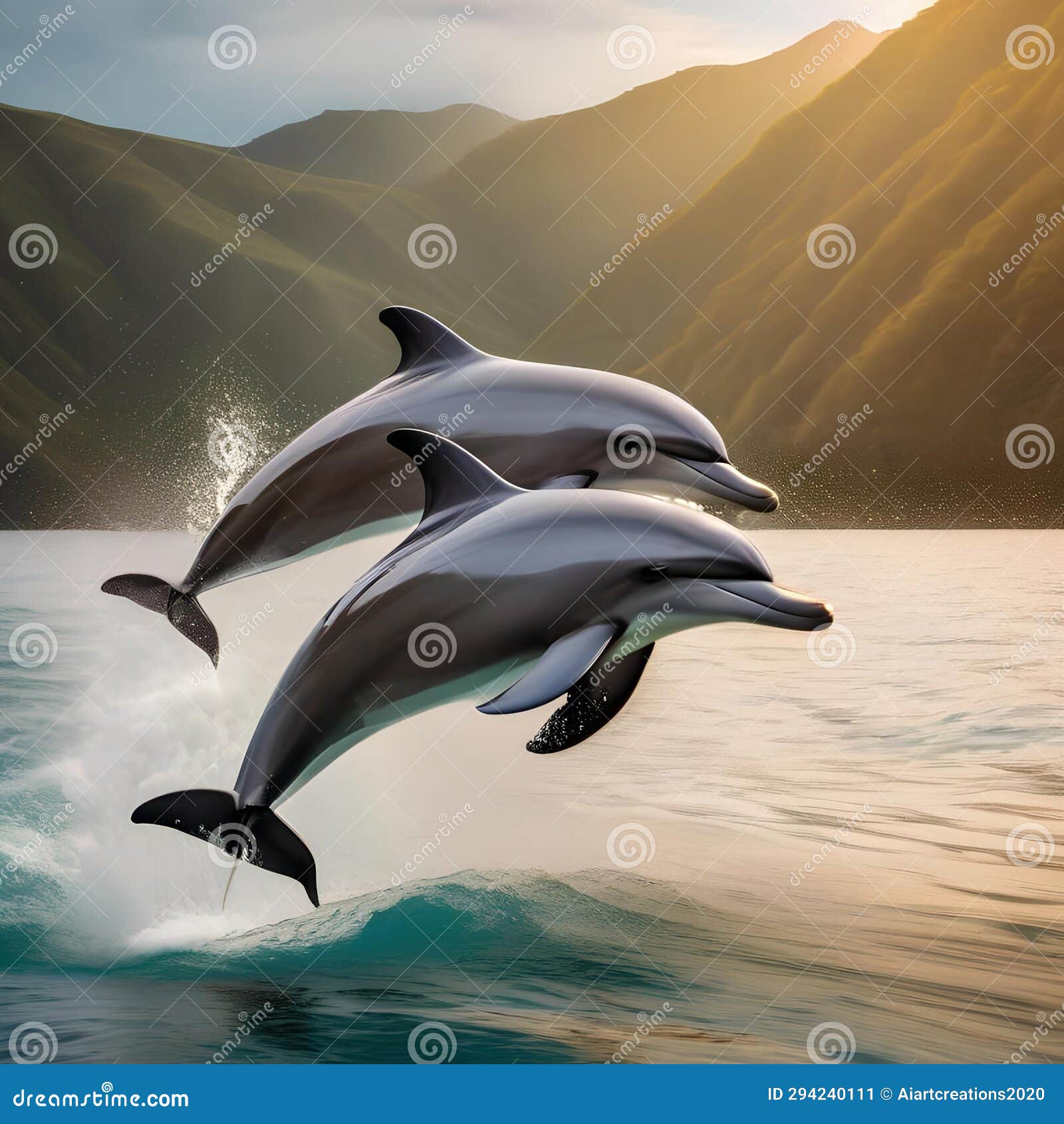 A Pair of Dolphins Leaping in Perfect Synchronization through Sparkling ...