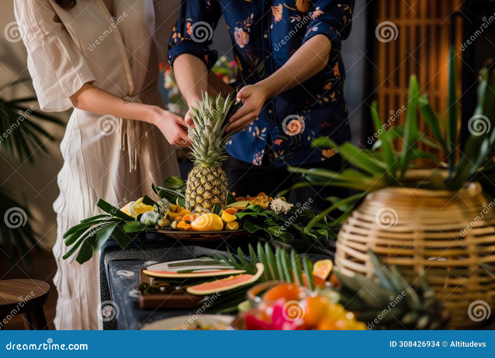 Pair Dressing a Buffet Table with a Tropical Fruit Display Stock Photo ...