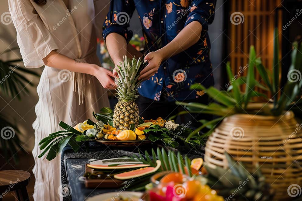 Pair Dressing a Buffet Table with a Tropical Fruit Display Stock Photo ...