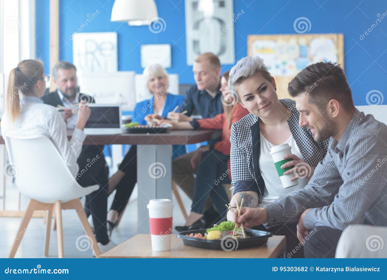 Pair of Employees Eating Lunch Stock Photo - Image of coffee, ideas ...