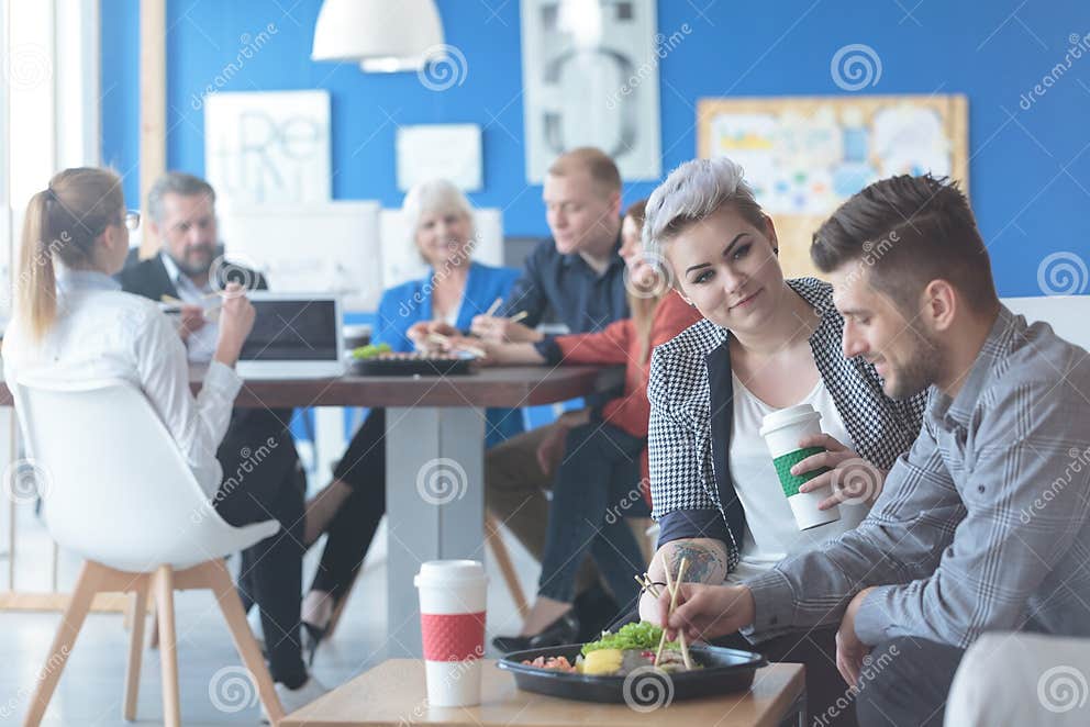 Pair of Employees Eating Lunch Stock Photo - Image of coffee, ideas ...