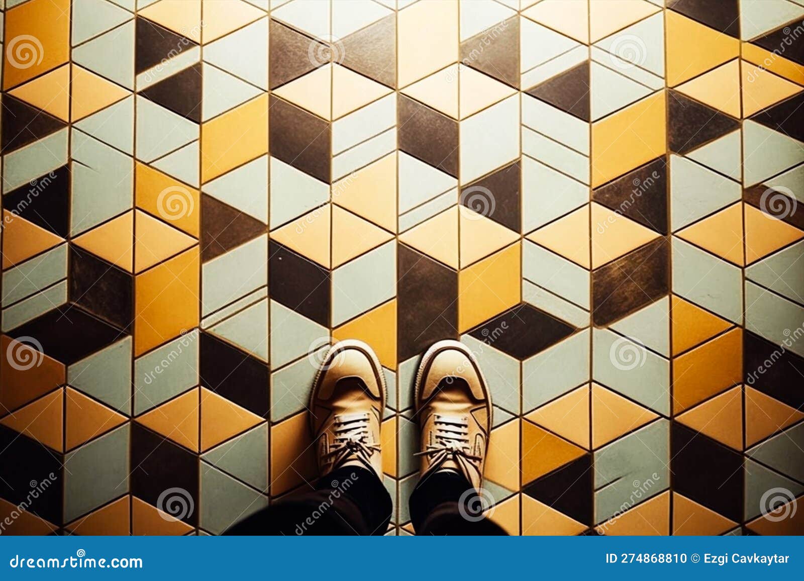 A Pair of Feet on a Geometric Patterned Floor, View from Above ...