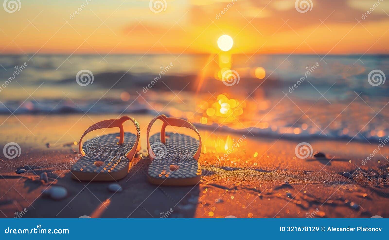 A Pair of Flip Flops is Laying on the Beach at Sunset Stock ...