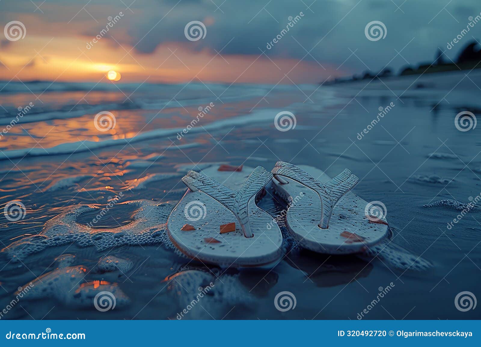 Pair of Flip Flops is Laying on the Beach at Sunset. the Scene is ...