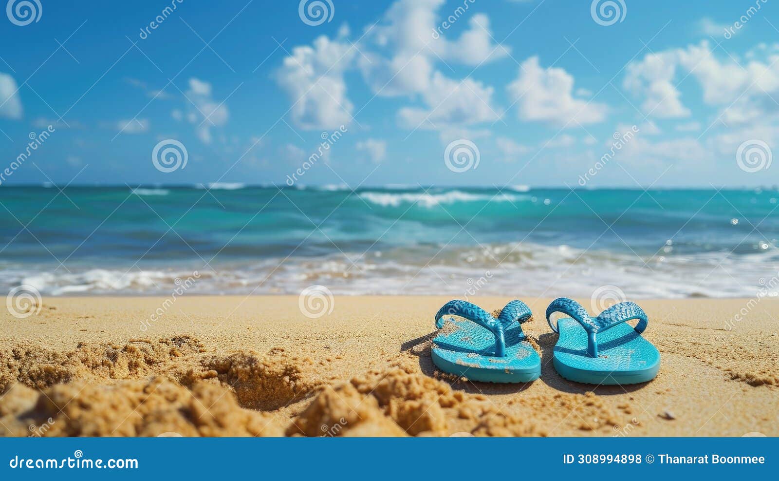 A Pair of Flip-flops Stands in the Sand at the Beach, with the Vast ...
