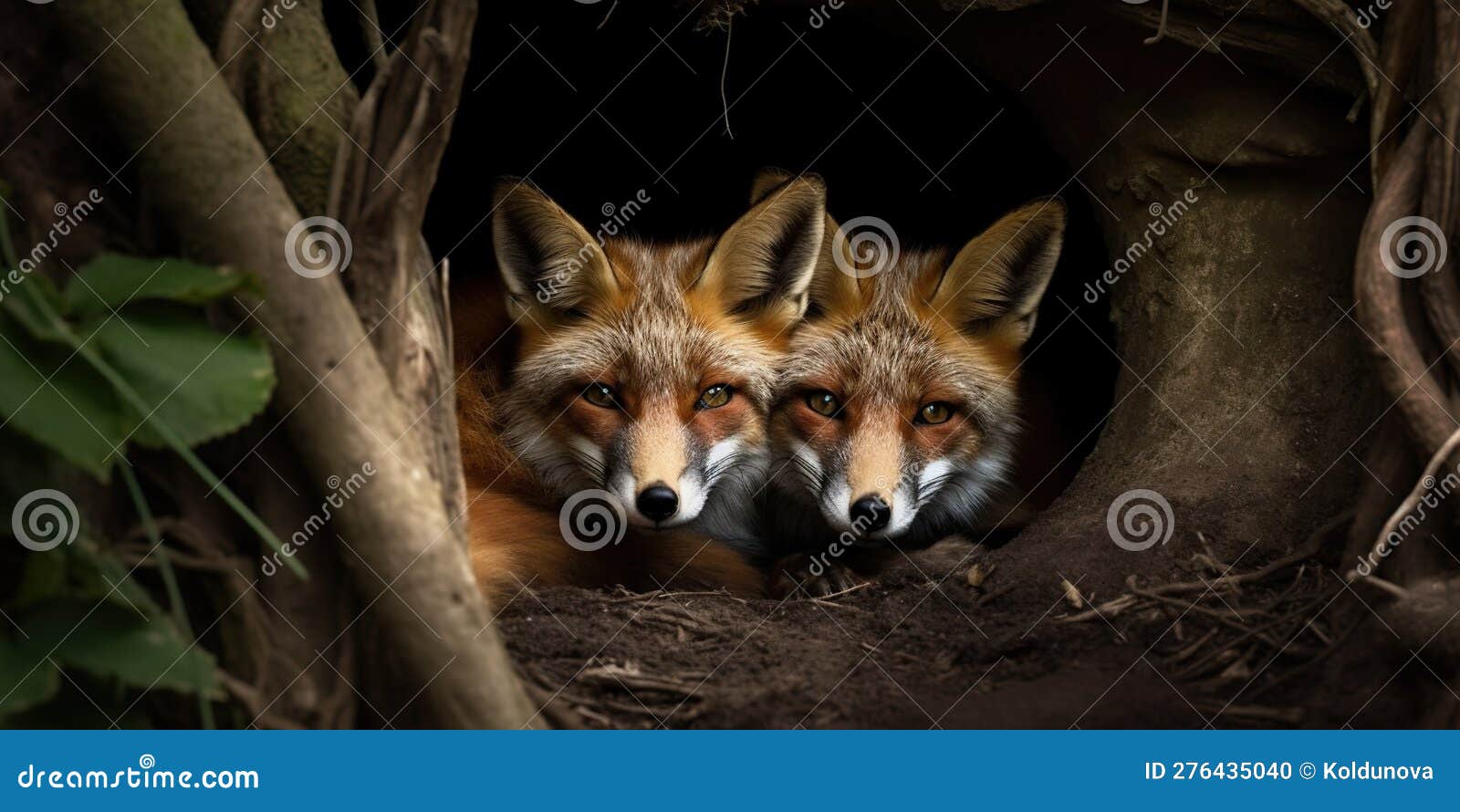 A Pair of Foxes Snuggling Together in a Den Beneath a Tree, Concept of ...