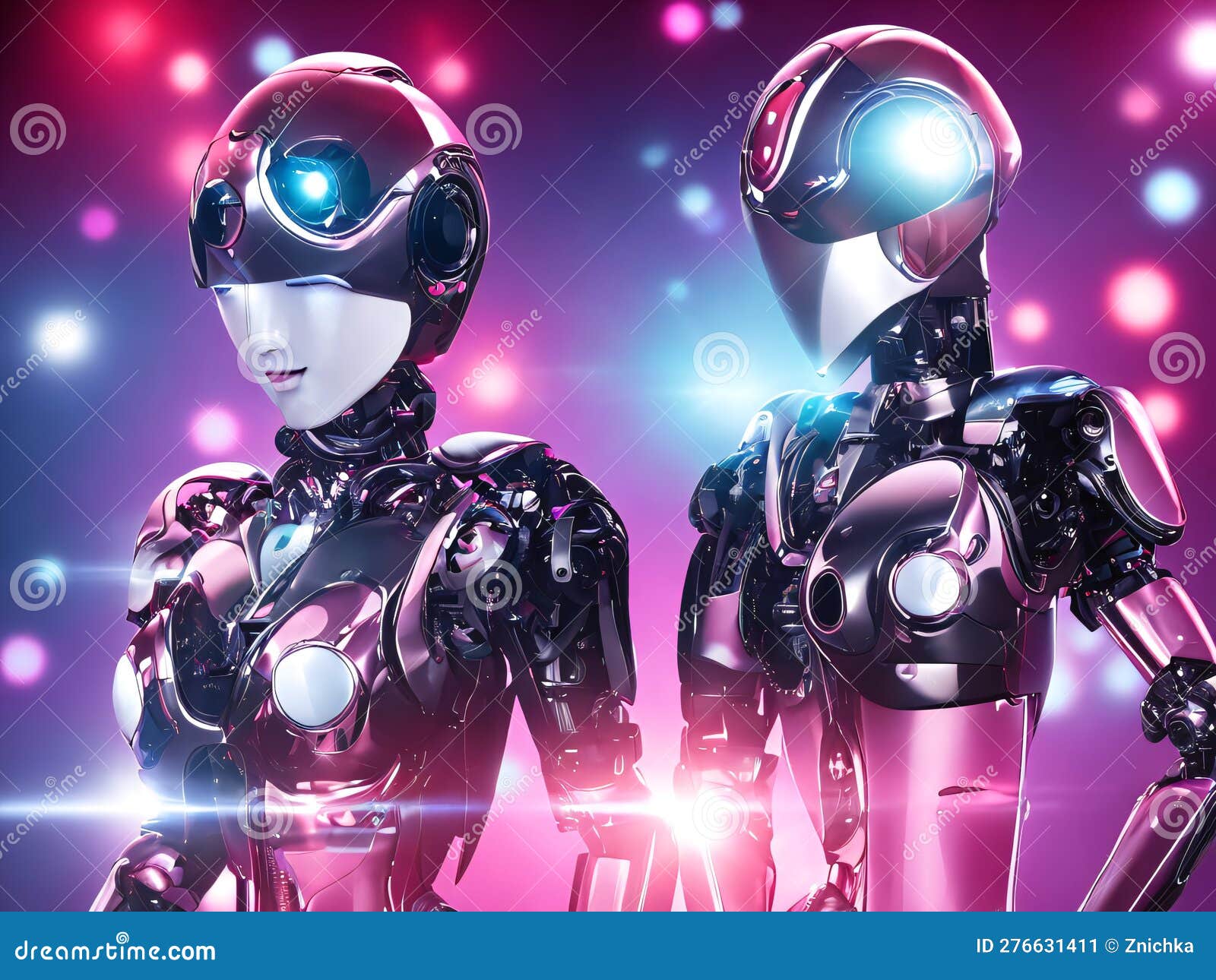 A Pair of Genderless Robots in Futuristic Clothing, Standing Side by ... A Pair of Genderless Robots in Futuristic Clothing, Standing Side by ...