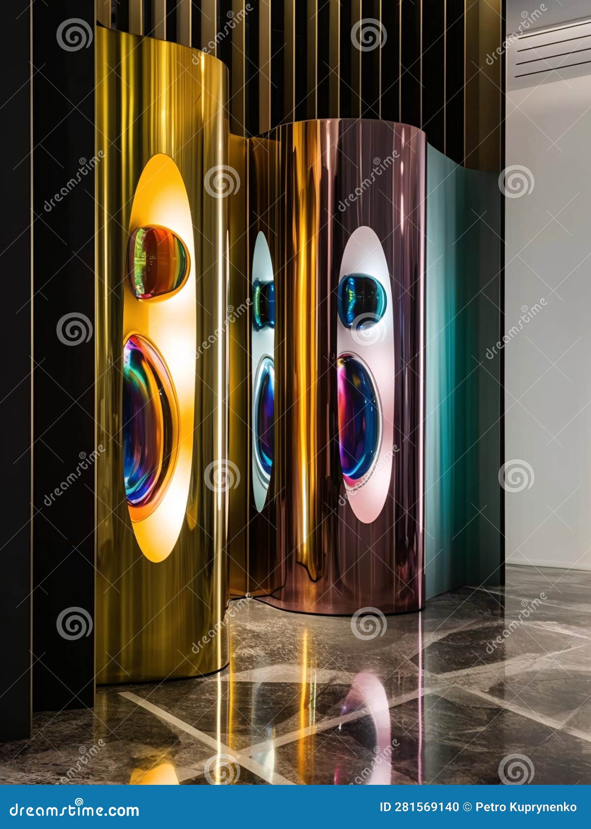A Pair of Glossy Multi-colored Columns on a Marble Floor in the Form of ...