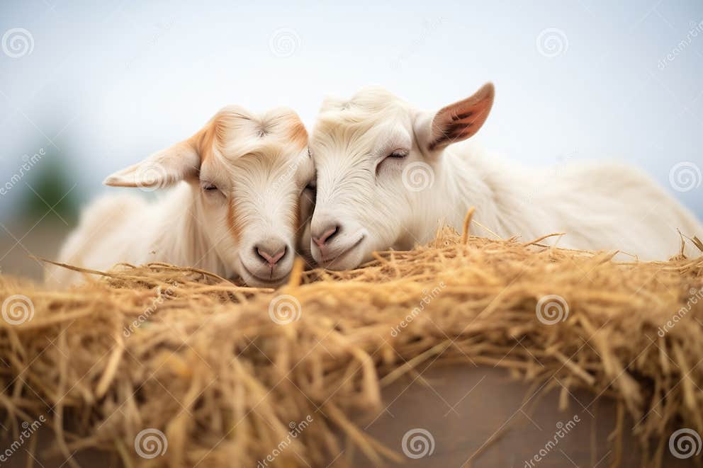 Pair of Goats Napping on a Soft Haystack Stock Image - Image of rural ...