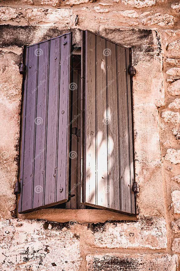 Pair of Gray-blue, Wood, Window Shutters, Partly Open Stock Image ...
