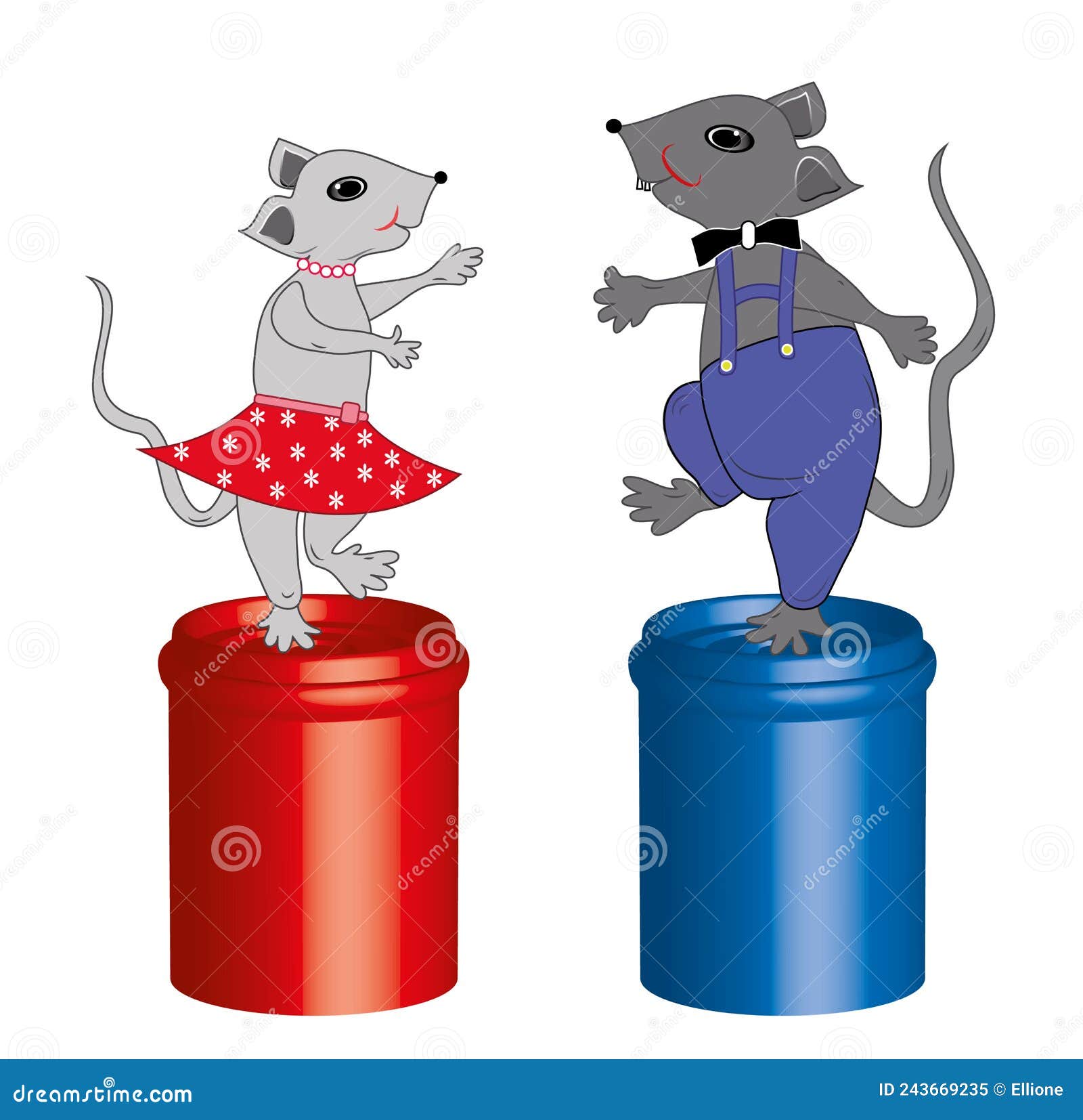 A Pair of Gray Mice Dance on Garbage Cans for Recycling, Sorting Waste ...
