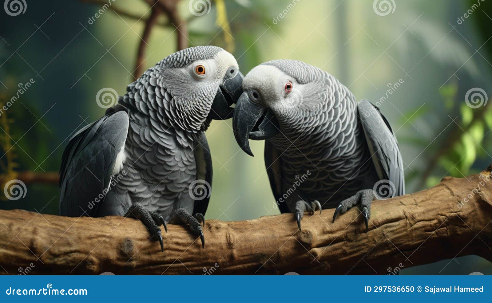 A Pair of Grey Parrots Engaged in a Gentle Preening Session, Stock ...