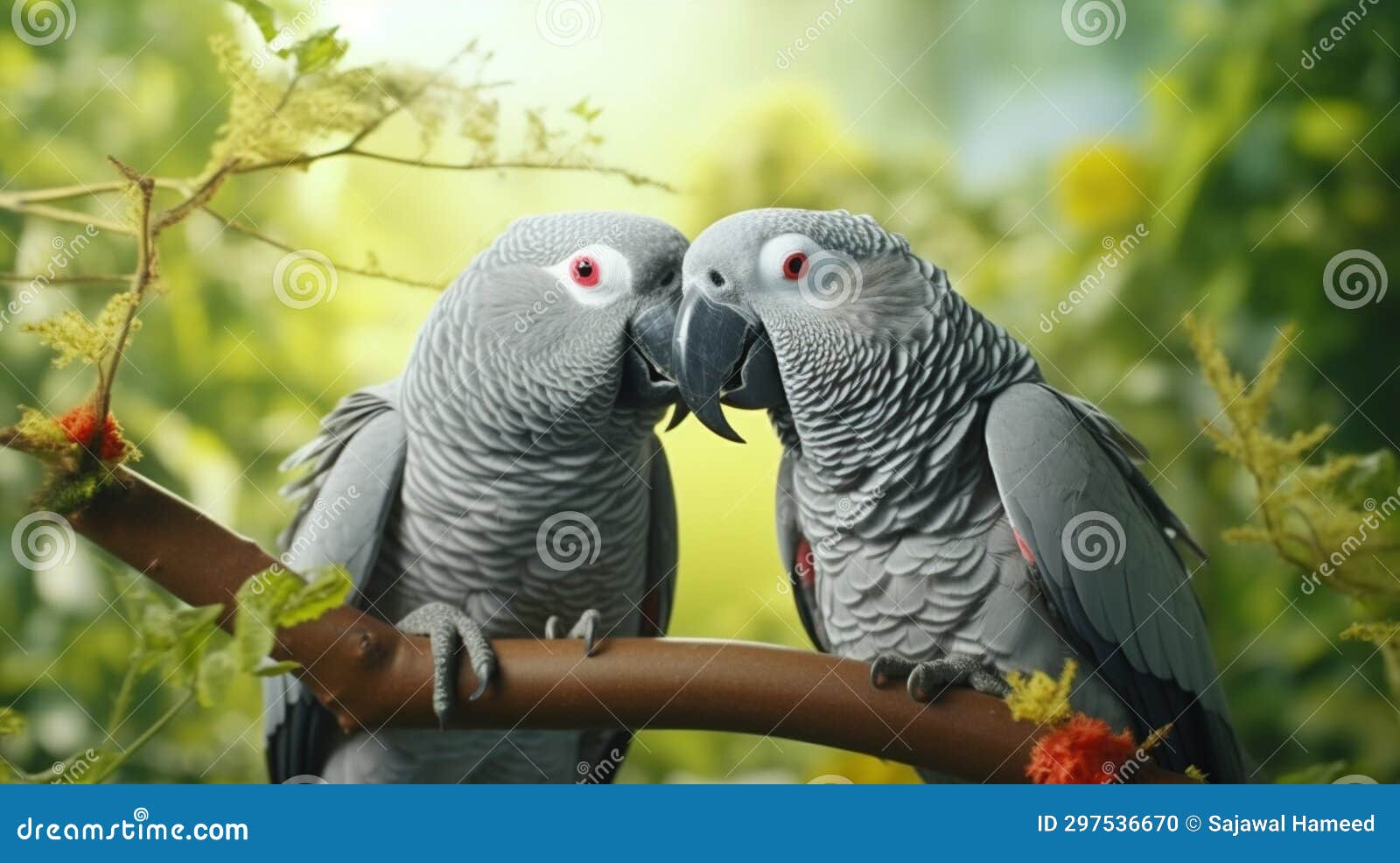 A Pair of Grey Parrots Engaged in a Gentle Preening Session, Stock ...