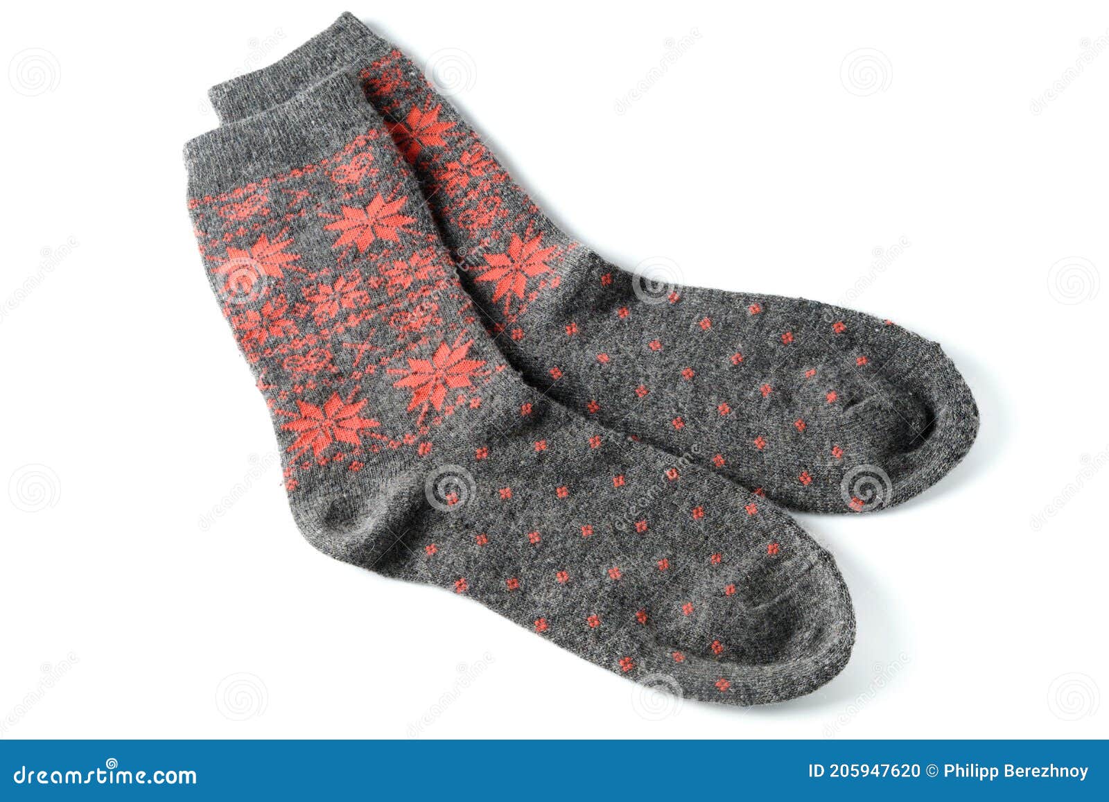 Pair of Grey Wool Socks with Orange Pattern Isolated on White Stock ...