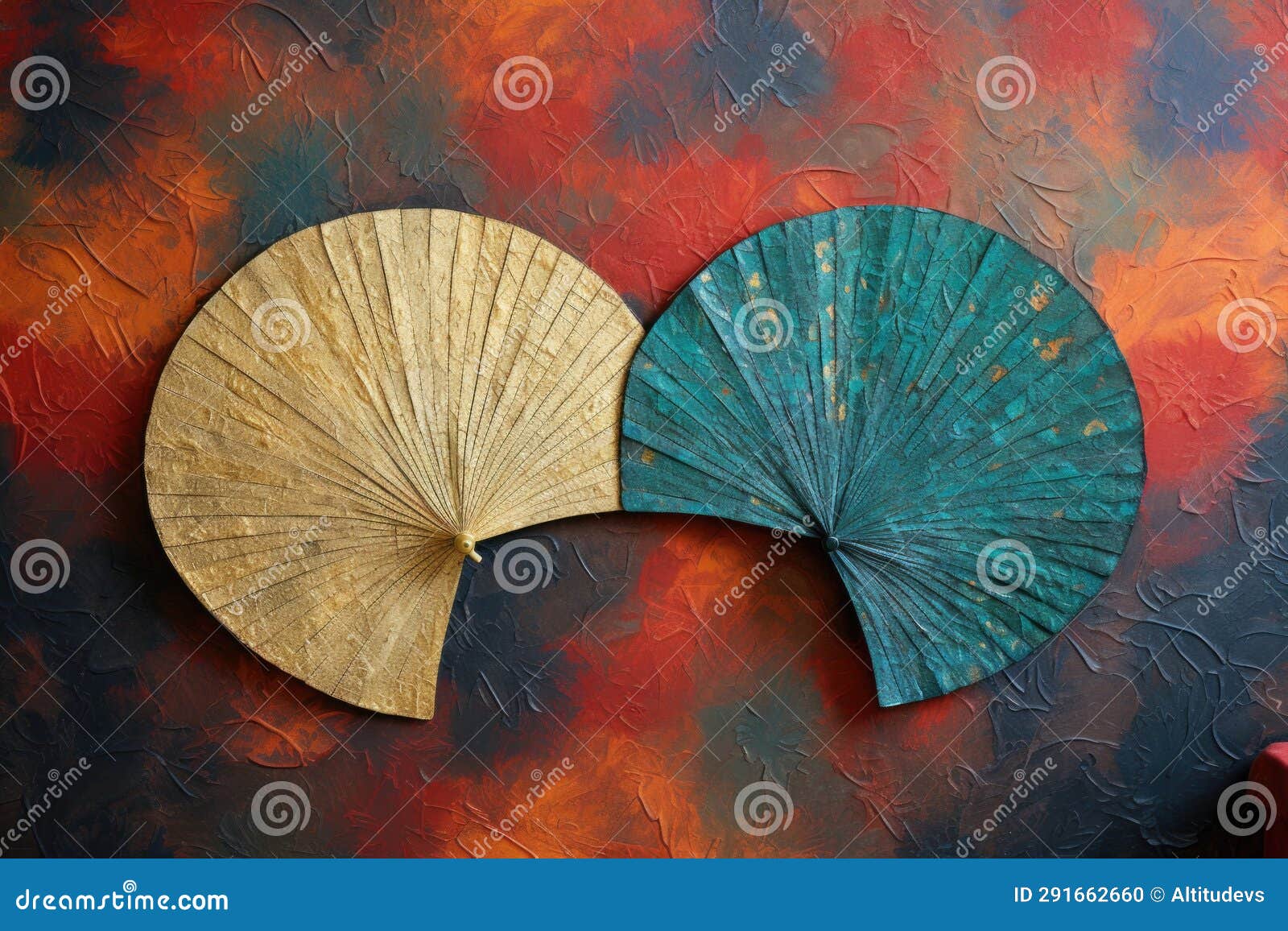 A Pair of Hand Fans Crossed on a Vibrant, Textured Backdrop Stock ...