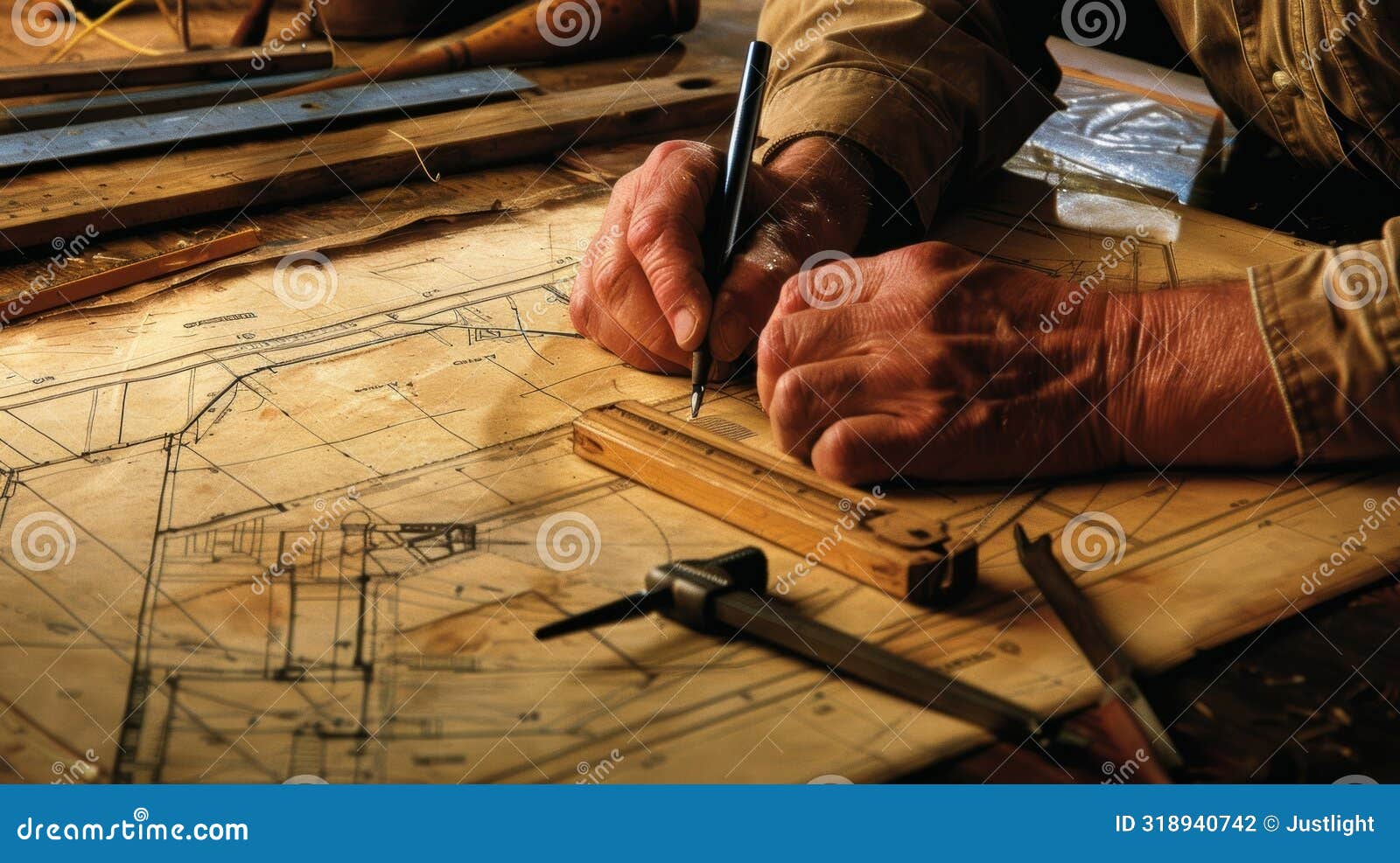 A Pair of Hands Carefully Trace a Line on a Blueprint that Lies on a ...