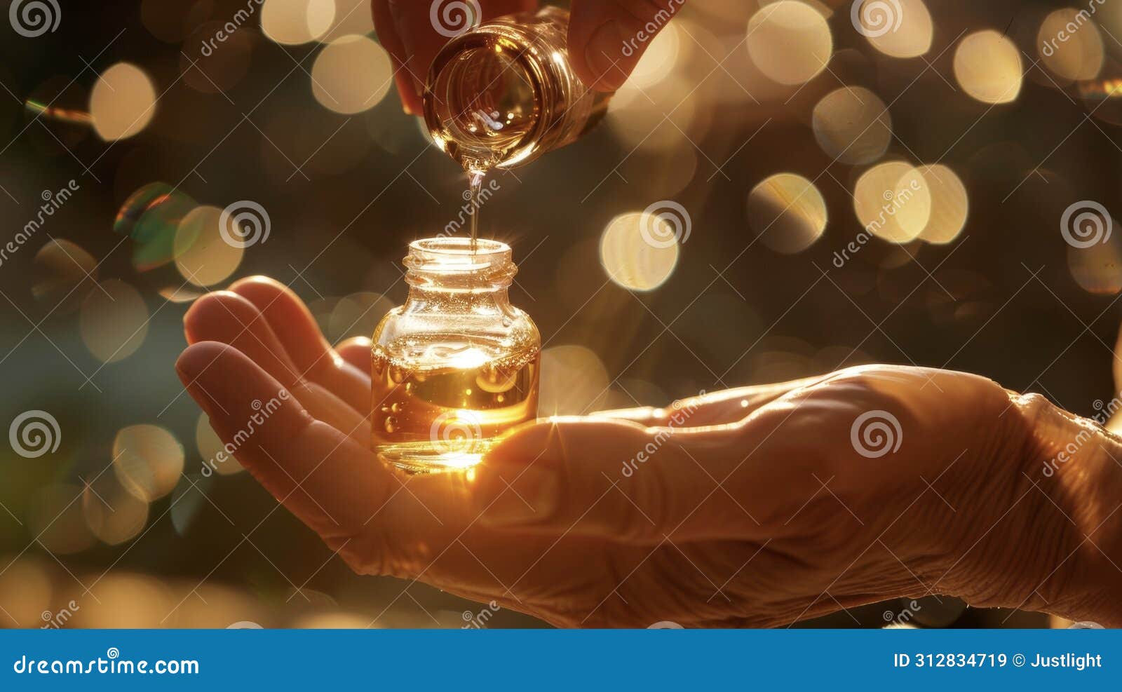 A Pair of Hands Gently Pouring a Golden Liquid into a Small Glass ...