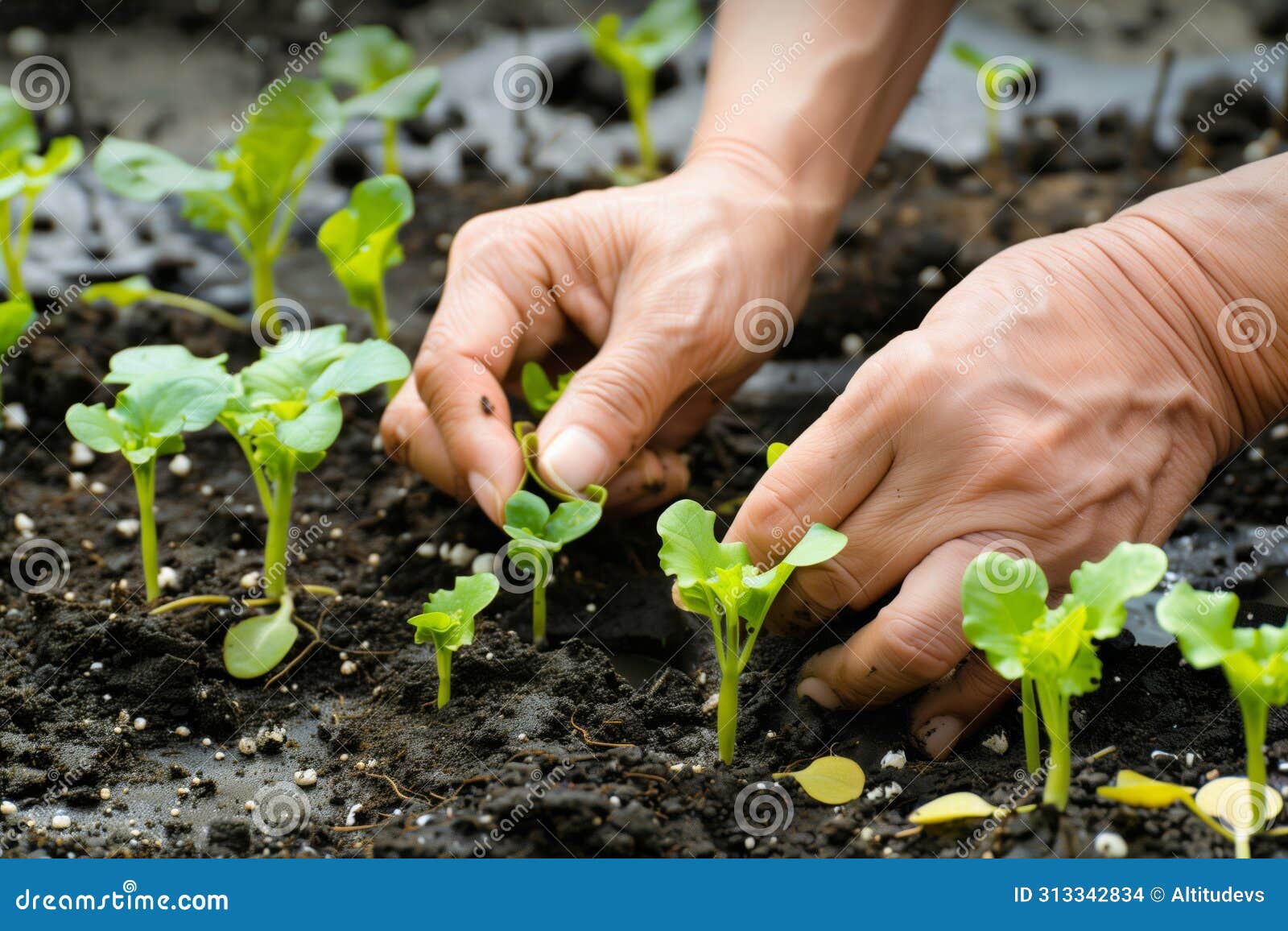 Hands Planting Seedling Plants Together In Soil Stock Photo ...