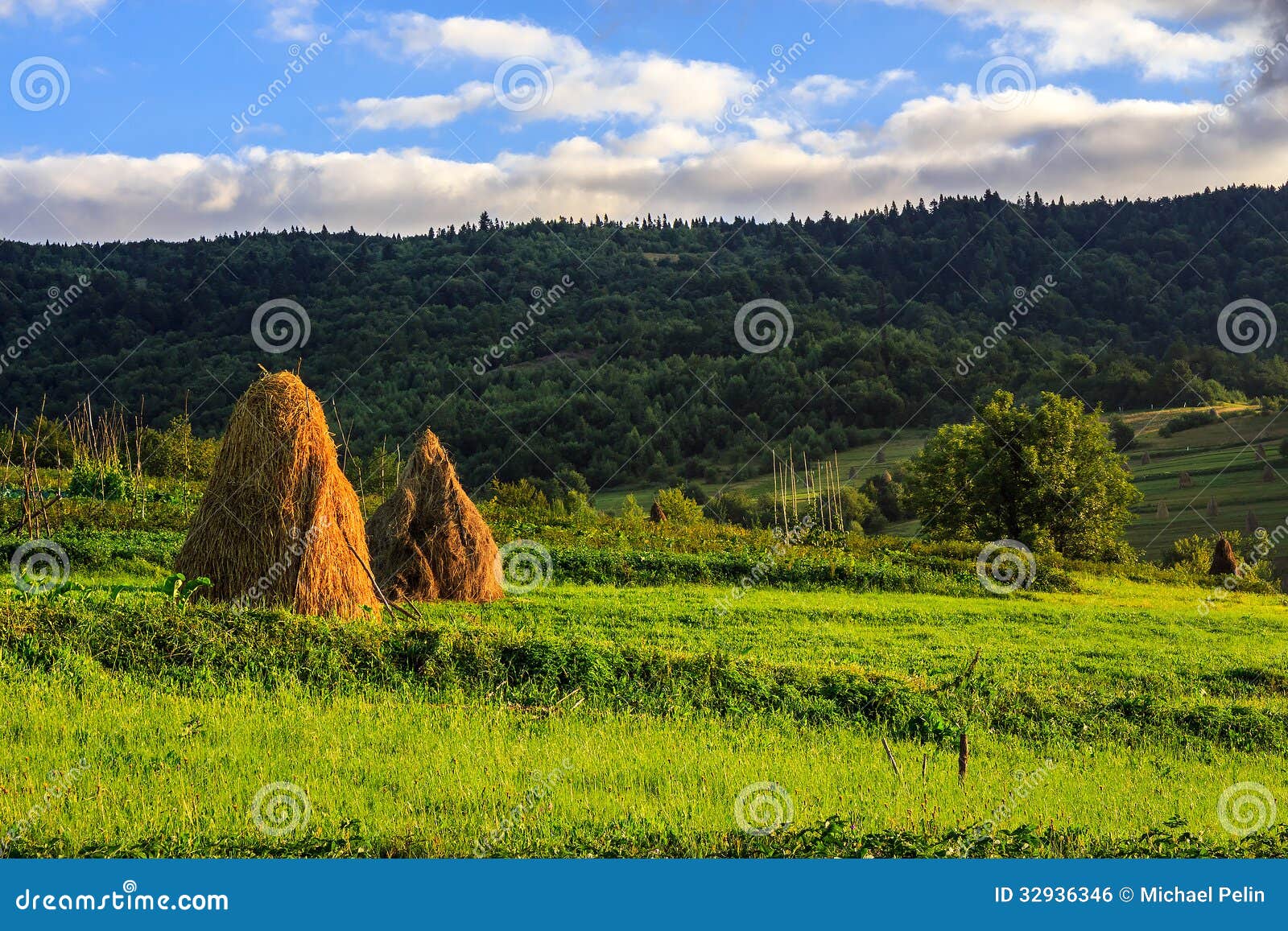 Pair of Haystacks and Treeat the Foot of Mountain Stock Photo - Image ...