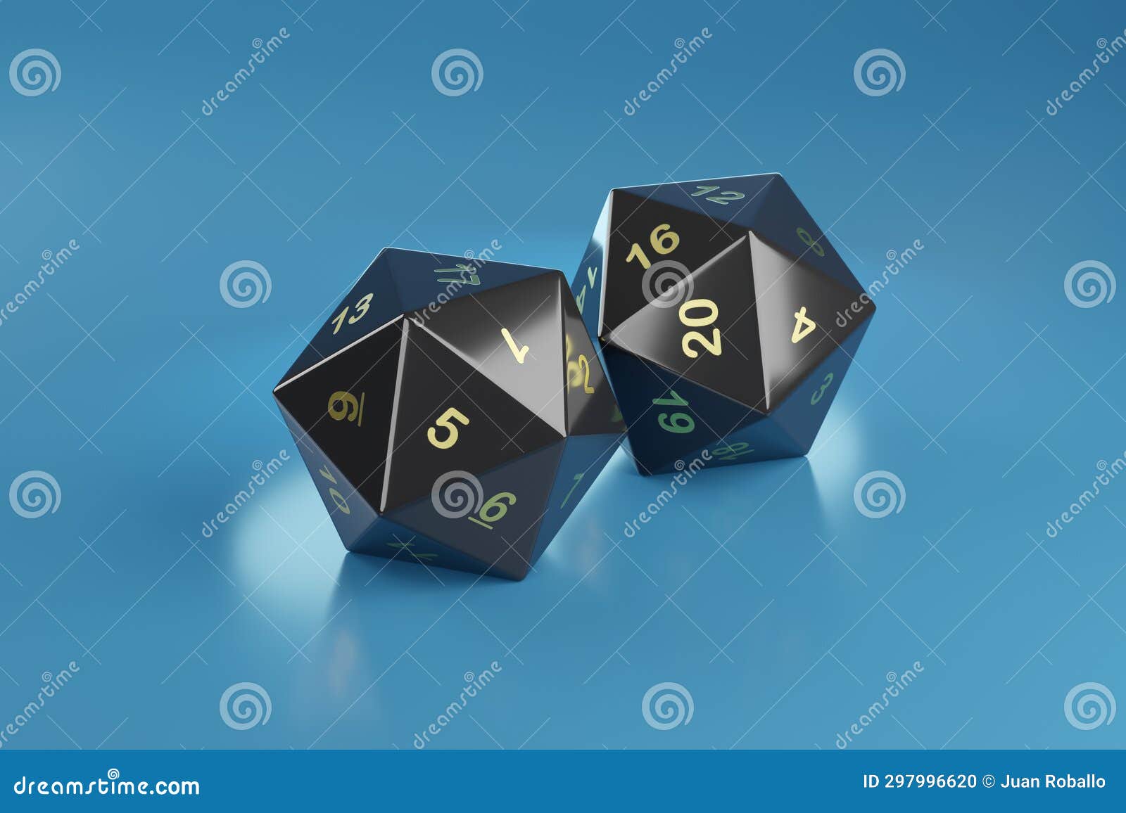 A Pair of Icosahedron Dice Isolated on Blue Background. 3d Illustration ...