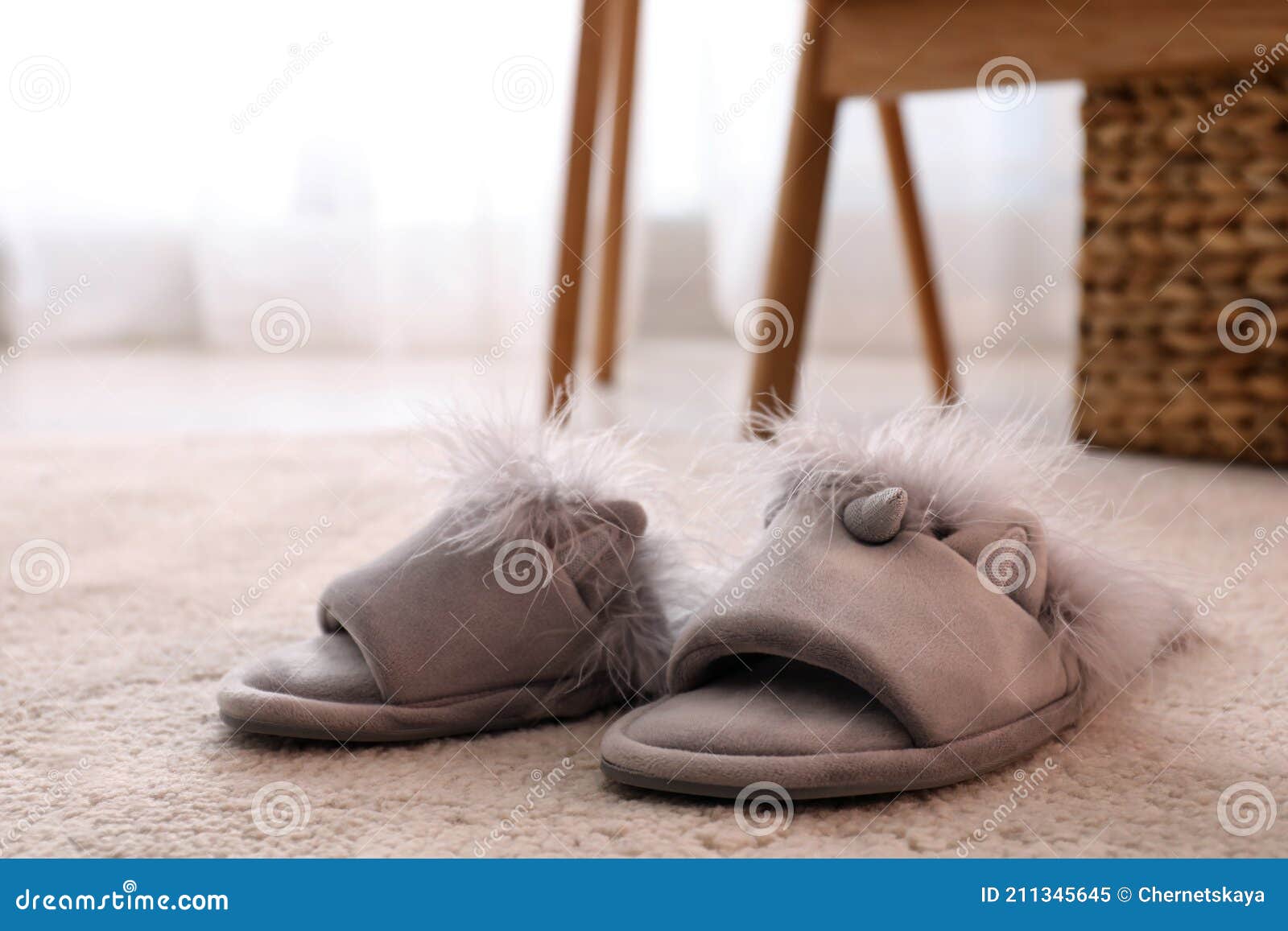 Pair of Light Grey Slippers on Floor in Room Stock Image - Image of ...