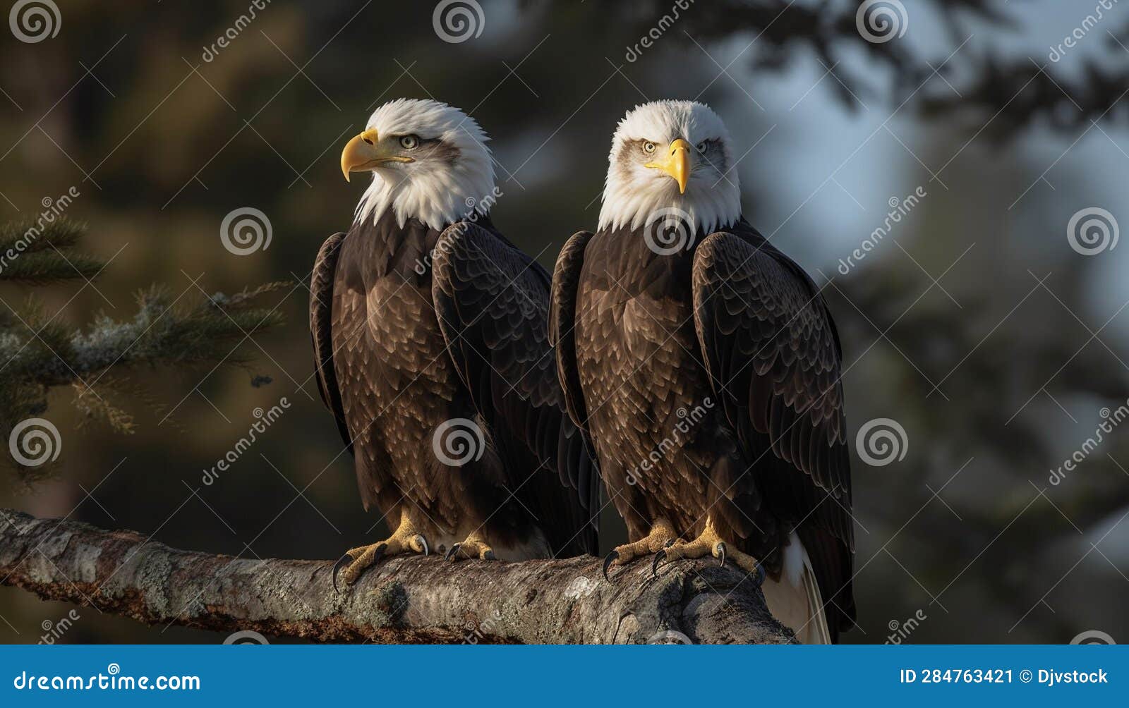 Pair of Majestic Bald Eagles Perching on Branch, Front View Generated ...