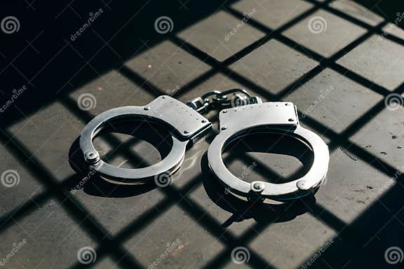 Metallic Handcuffs on Surface, Sharp Shadows, Grid Like Shadow Pattern ...