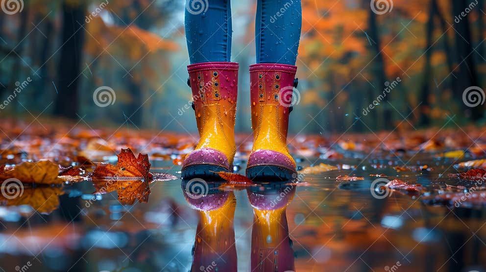 A Pair of Multi-colored Rubber Boots Stands in a Puddle Stock Photo ...