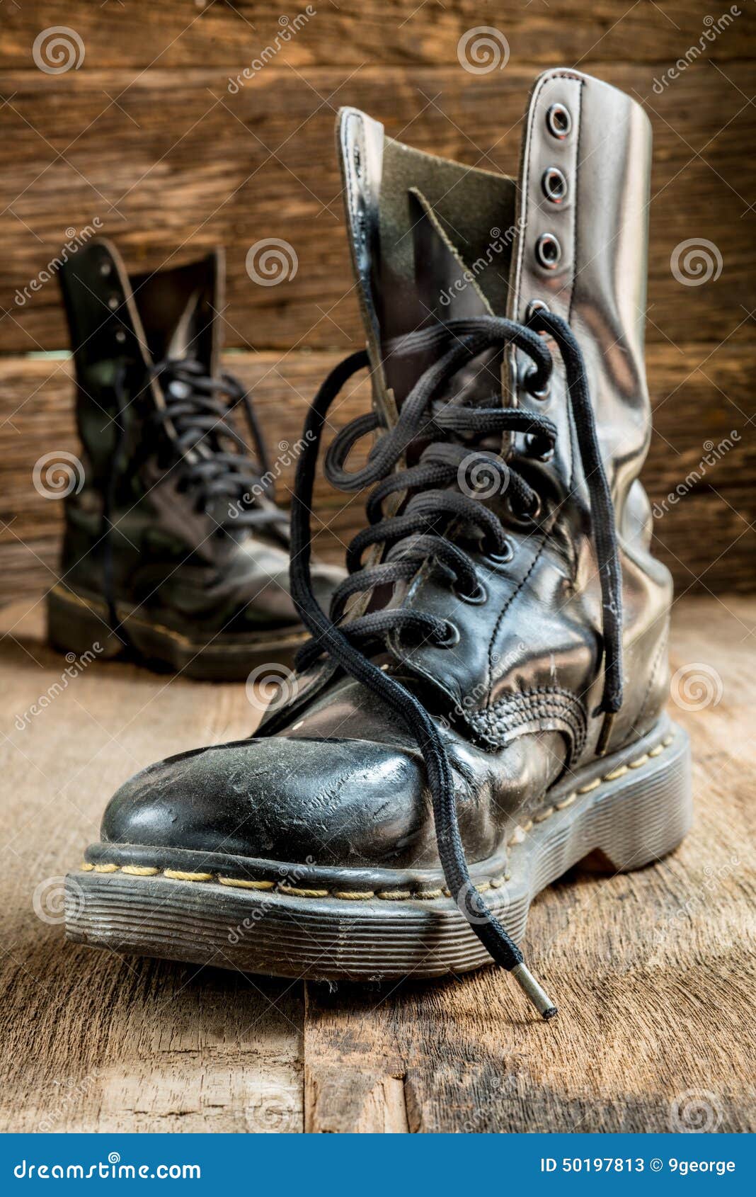Pair of Old Boots on Wooden Floor Boards Stock Image - Image of dirty ...