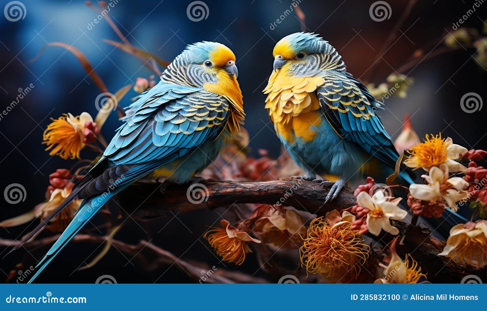 Pair of Parakeets Perched on a Tree Branch. AI Generated Stock ...
