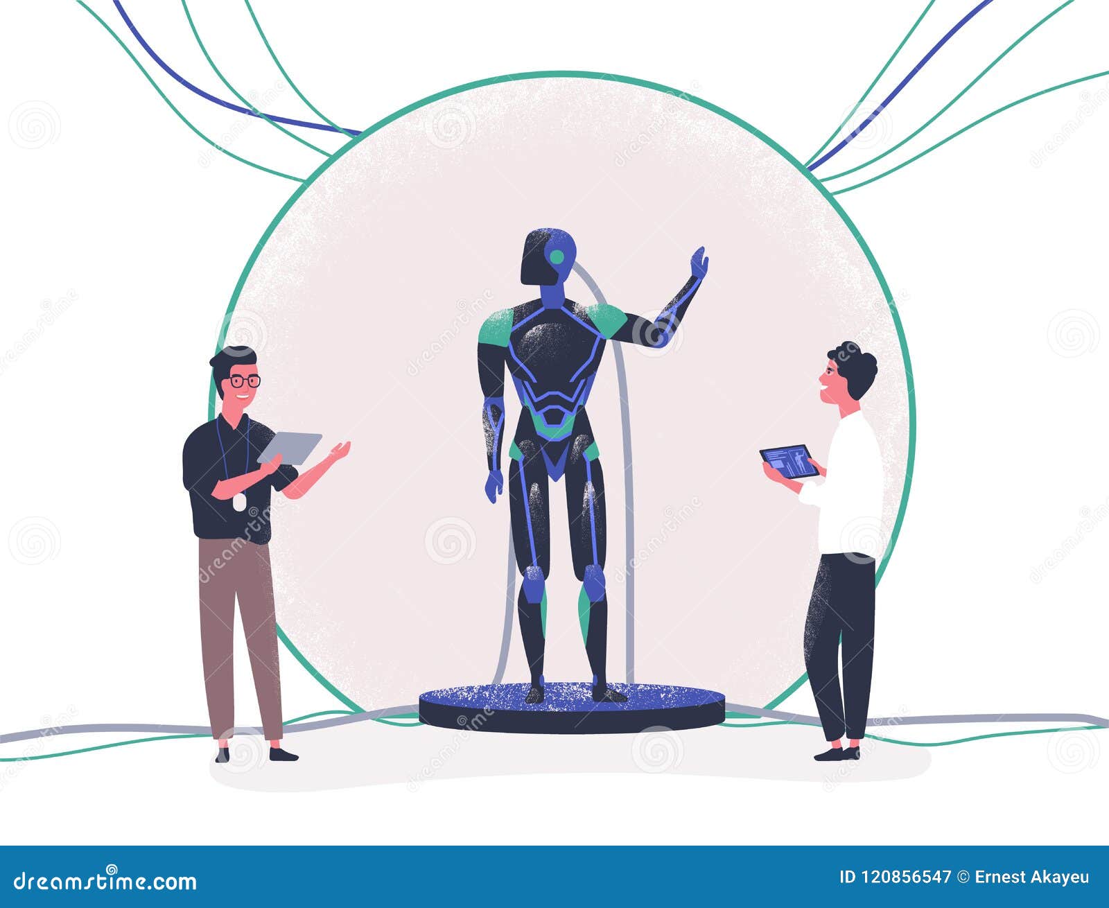 Pair of People Standing beside Android and Controlling it with Tablet ...