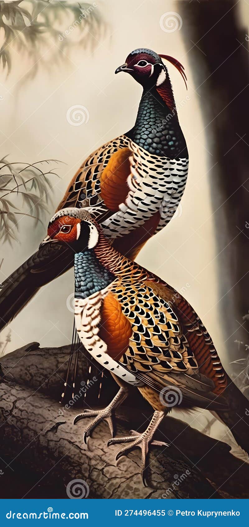 Pair of Pheasant Birds Sitting on Top of a Tree Branch Generative AI ...