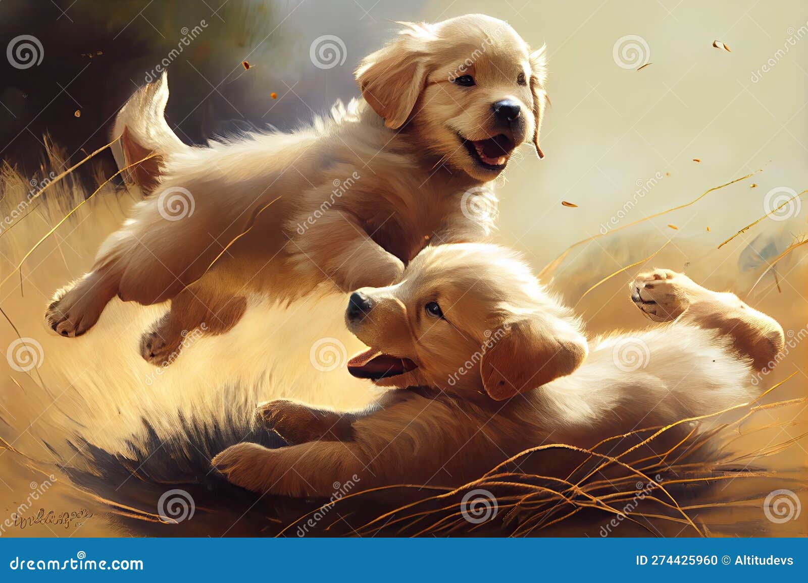 Pair of Playful Pups, Romping and Rolling in the Sun Stock Illustration ...