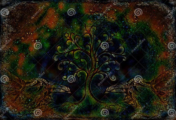 Pair of Ravens with Tree of Life Symbol. Stock Illustration ...