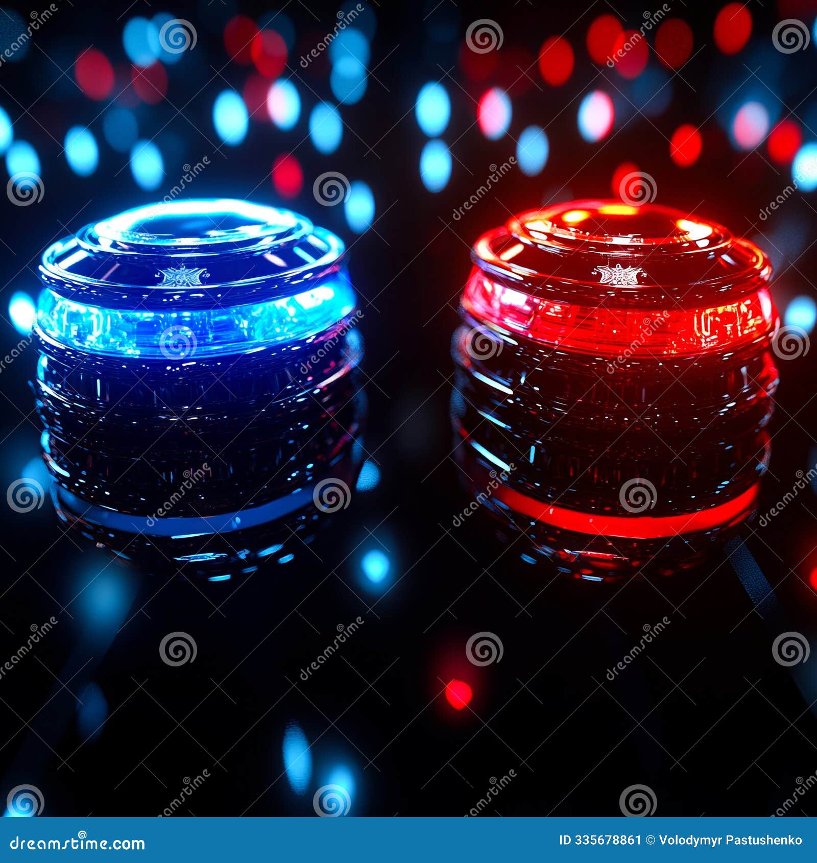 A Pair of Red and Blue Lights on a Black Surface Stock Image - Image of ...