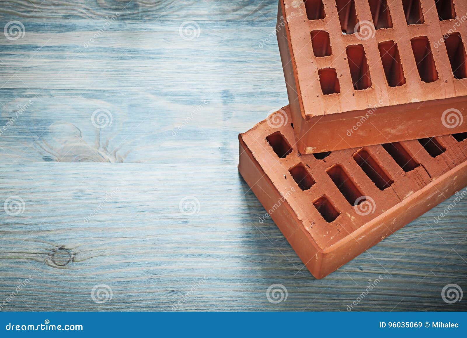 Pair of Red Bricks on Wood Board Construction Concept Stock Image ...