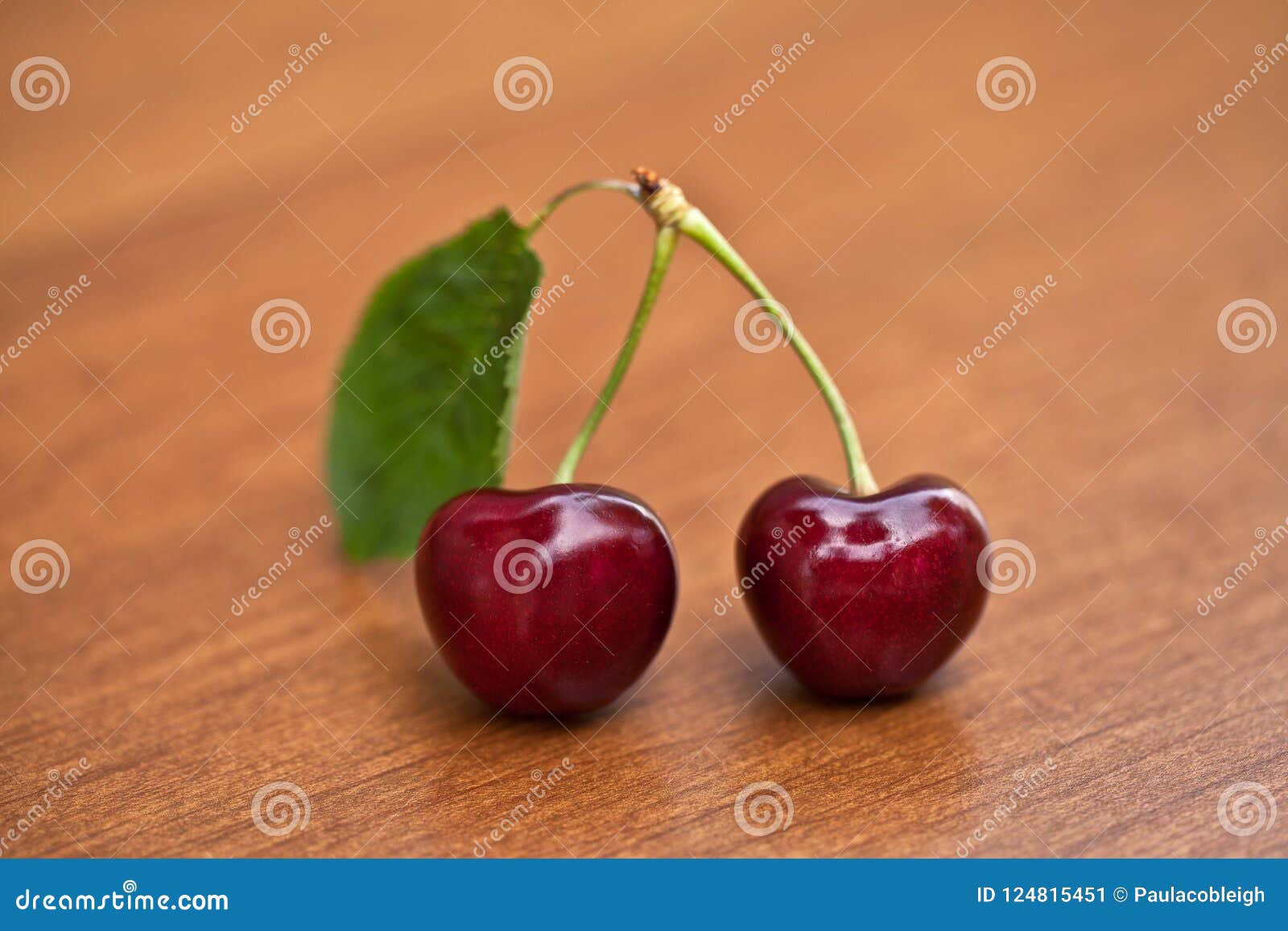 Two Red Ripe Cherries with Stems and a Leaf on a Wood Table Stock Image ...