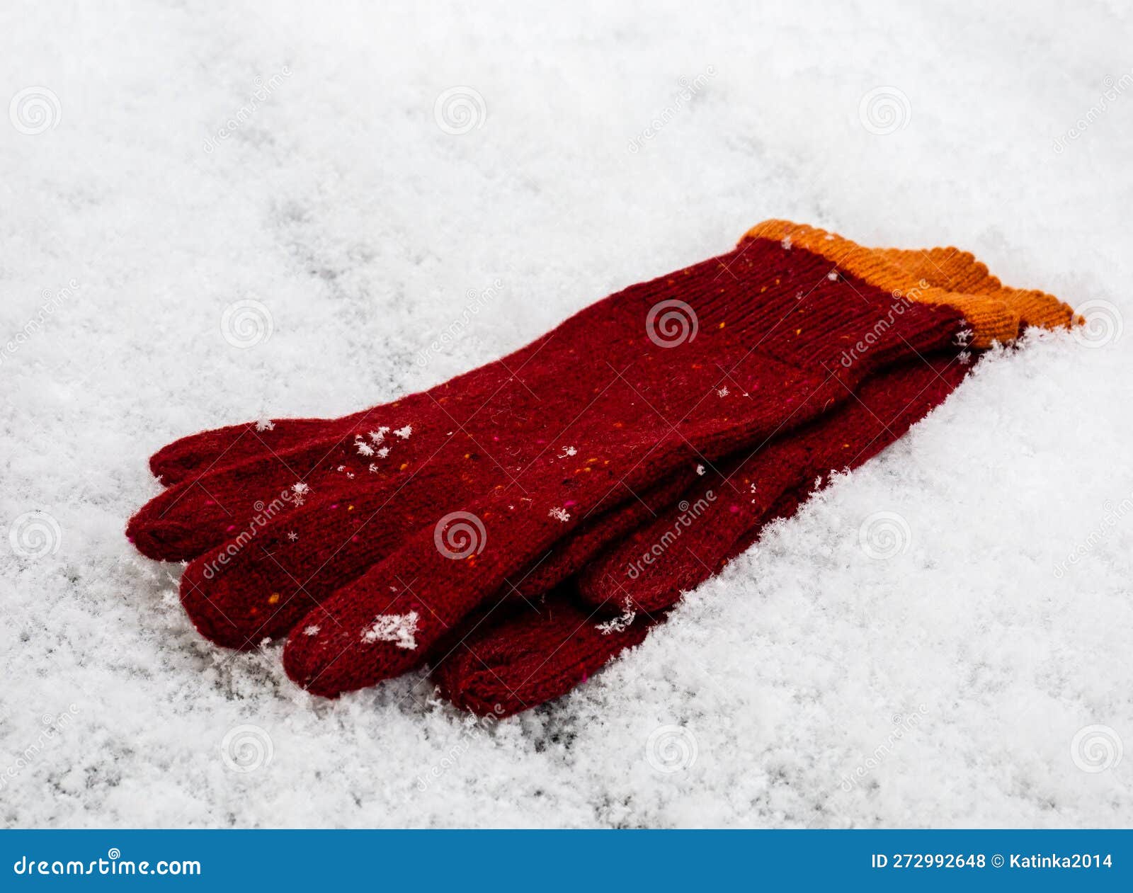 Pair of Red Wool Gloves on a Snow Covered Deck Stock Photo - Image of ...