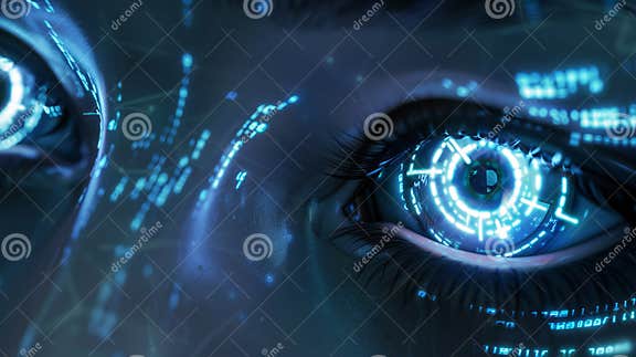 A Pair of Robotic Eyes, Reflecting a Complex Code Stock Illustration ...