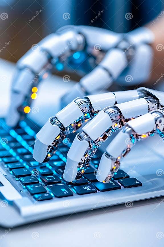 A Pair of Robotic Hands Typing on a Laptop Keyboard Stock Image - Image ...