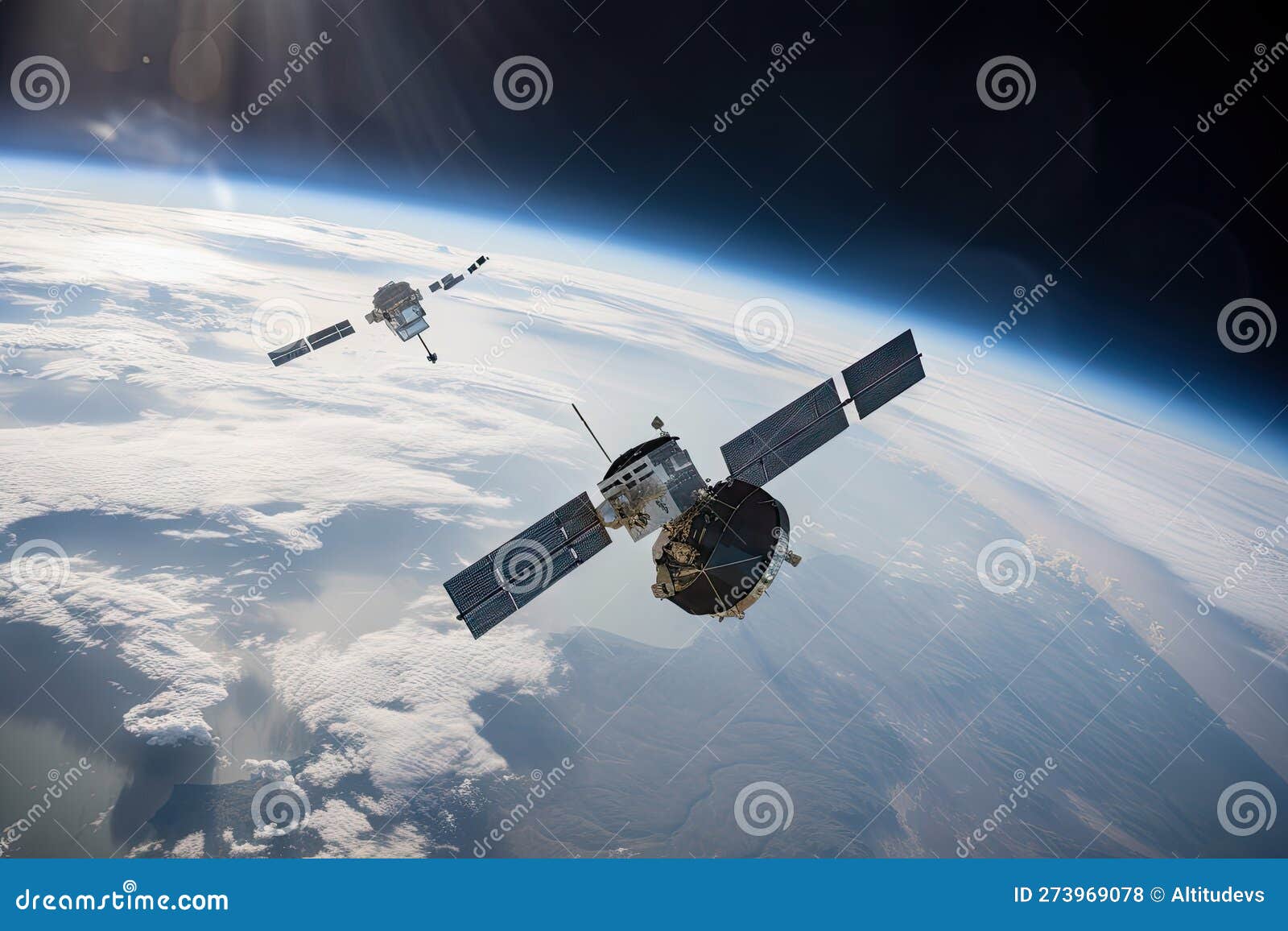 Pair of Satellites Flying in Formation, Completing Coordinated Mission ...