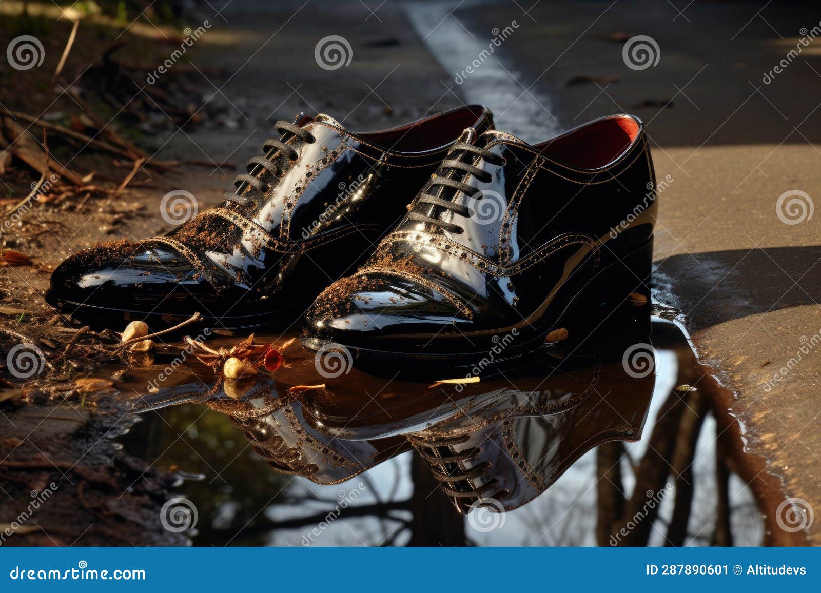 A Pair of Shiny Shoes Next To a Puddle, Creating a Reflection Stock ...