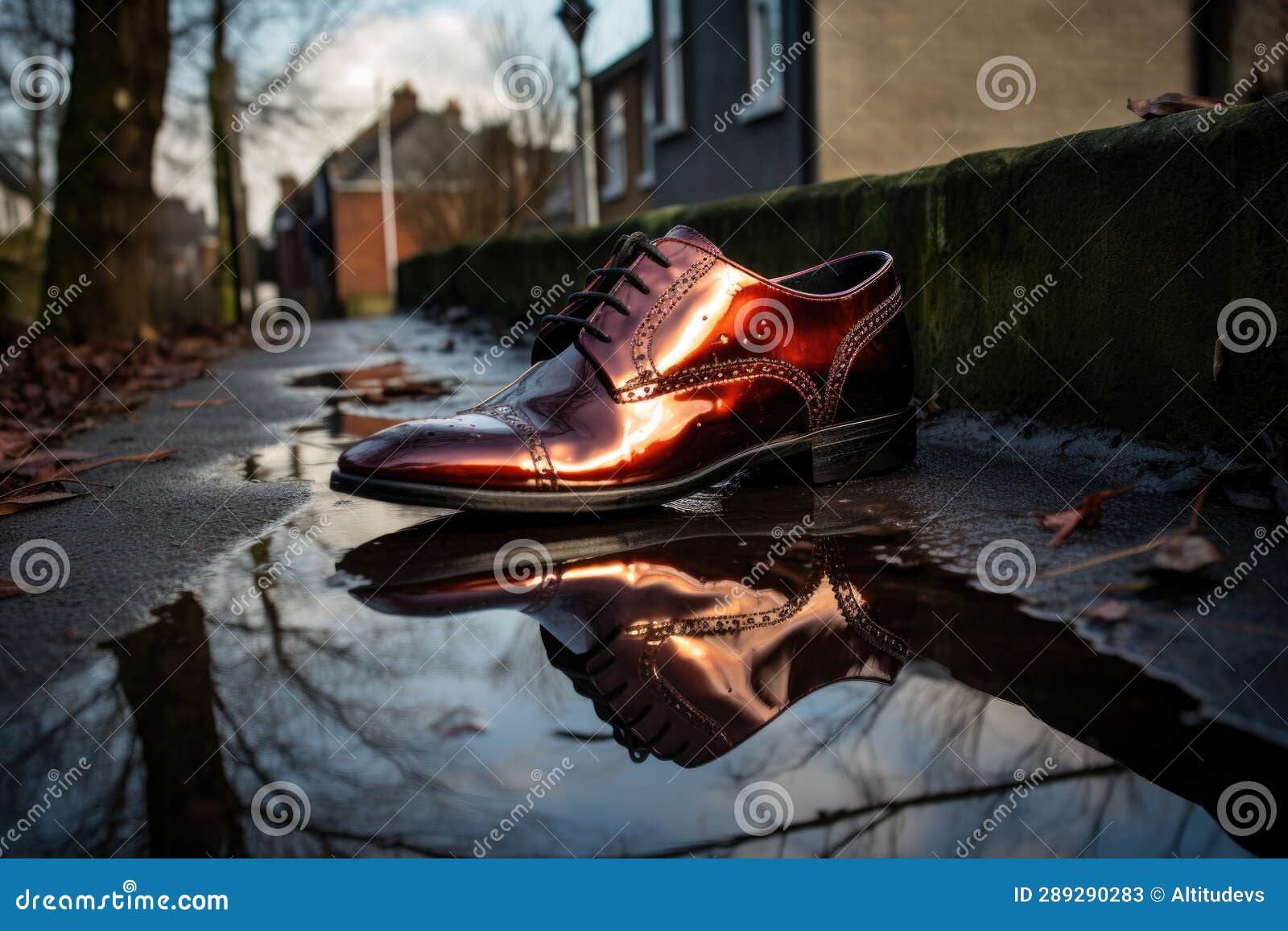 A Pair of Shiny Shoes Next To a Puddle, Creating a Reflection Stock ...