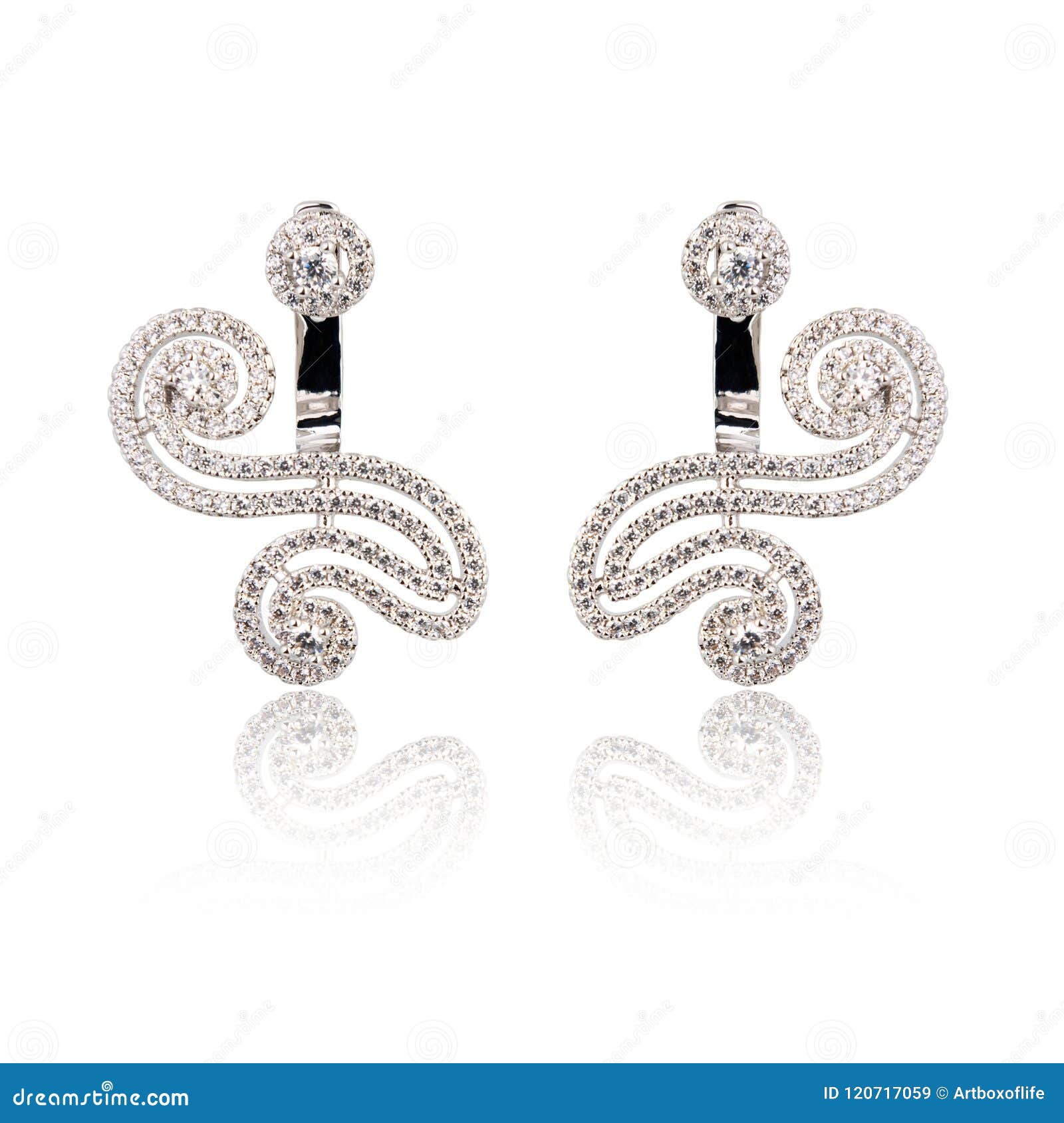 Pair Of Silver Diamond Earrings On White Stock Image - Image of jewelry ...