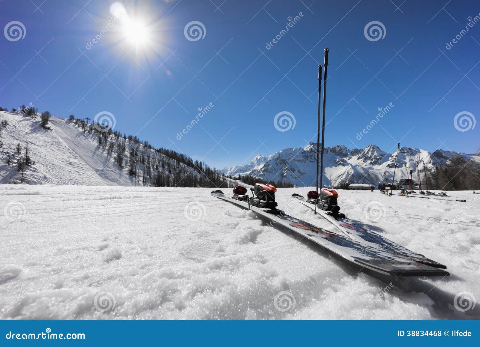 Pair of Skis on Slope in the Snow Stock Photo - Image of cold, mountain ...