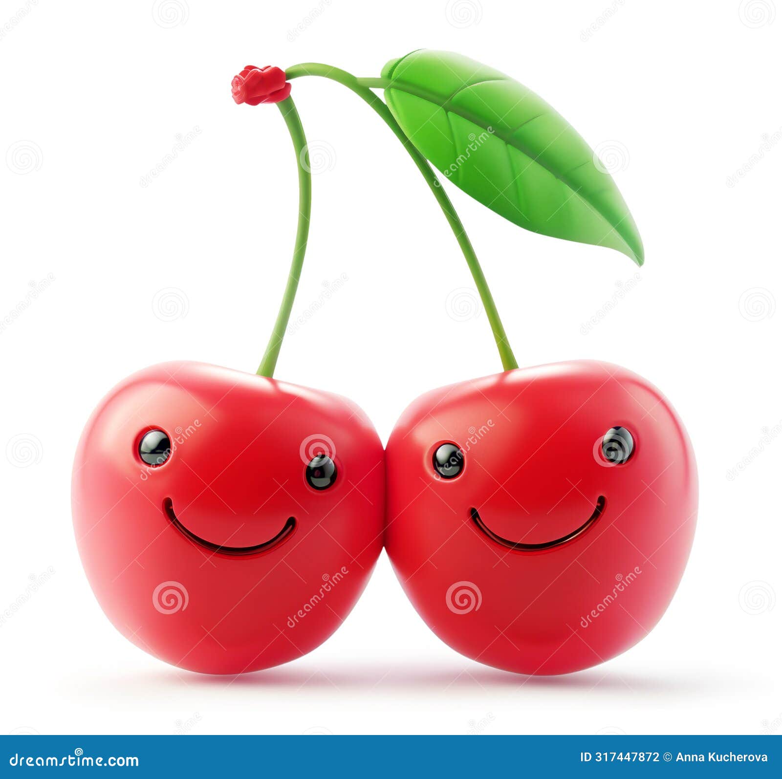 Pair of Smiling Cherries with a Shared Leaf on White Stock Illustration ...