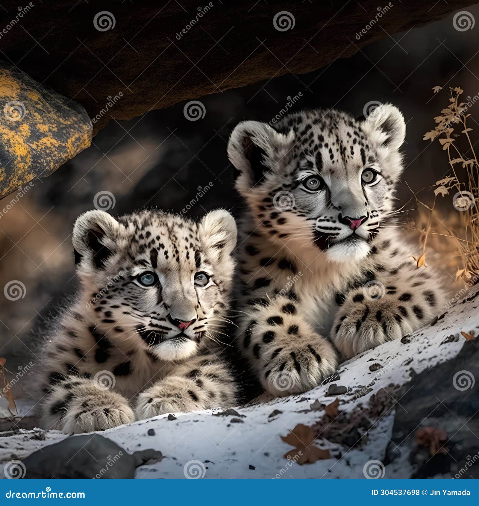 Pair of Snow Leopard Cubs Sitting on the Rocks. Stock Illustration ...