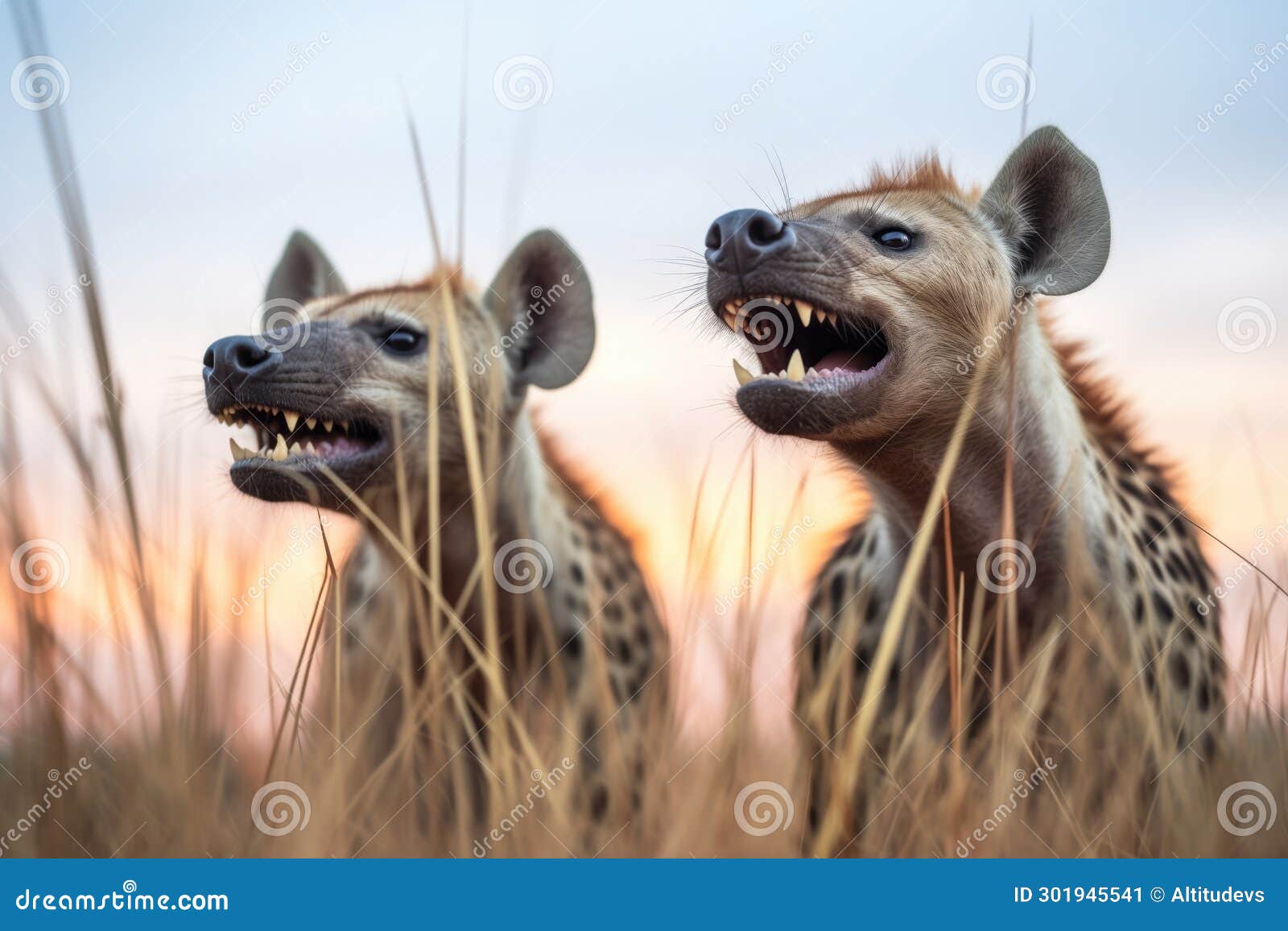 Pair of Spotted Hyenas Vocalizing at Dusk with Glaring Eyes Stock Image ...